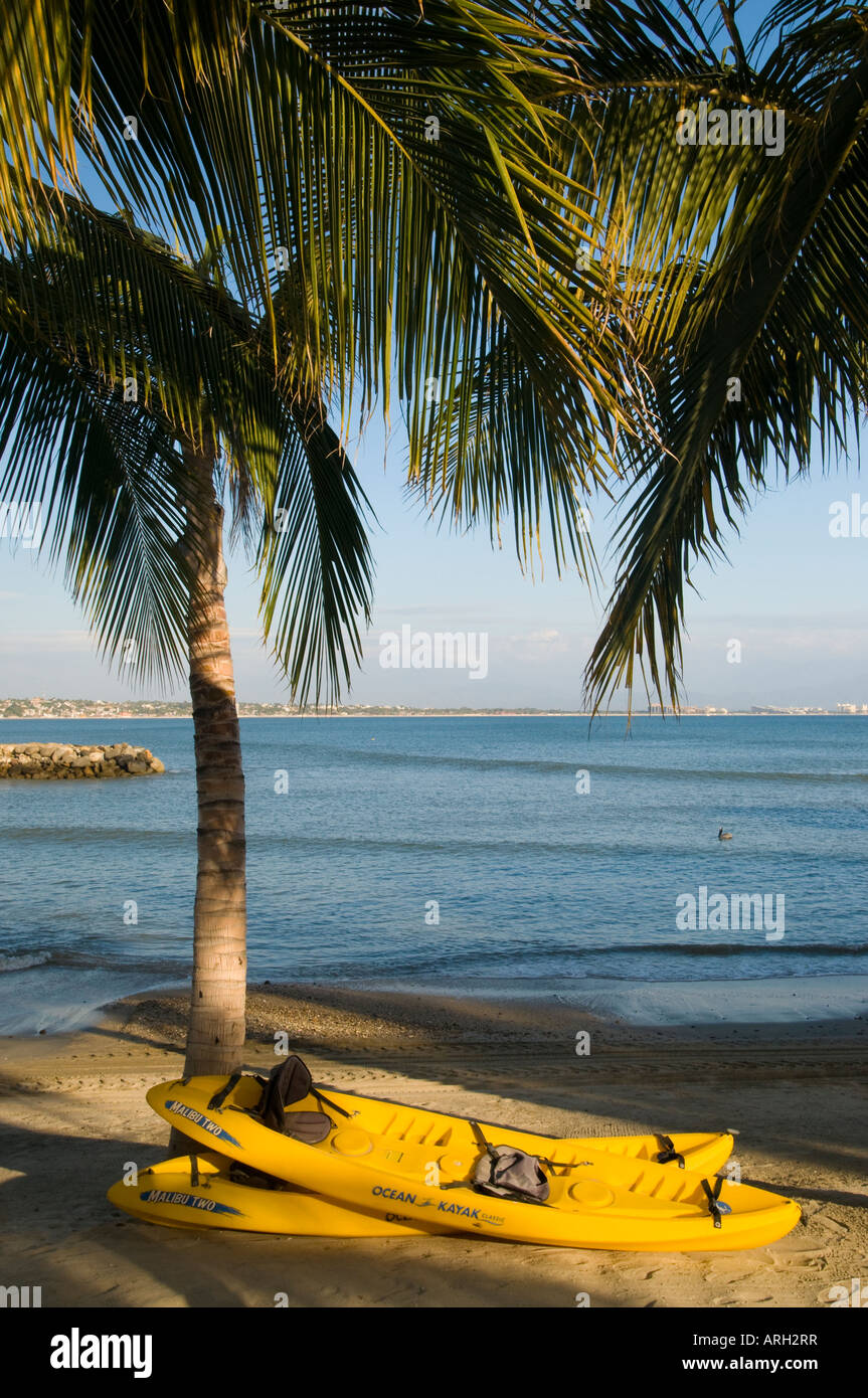 Mexico Riviera Nayarit La Cruz de Huanacaxtle yellow kayaks beach palm ...