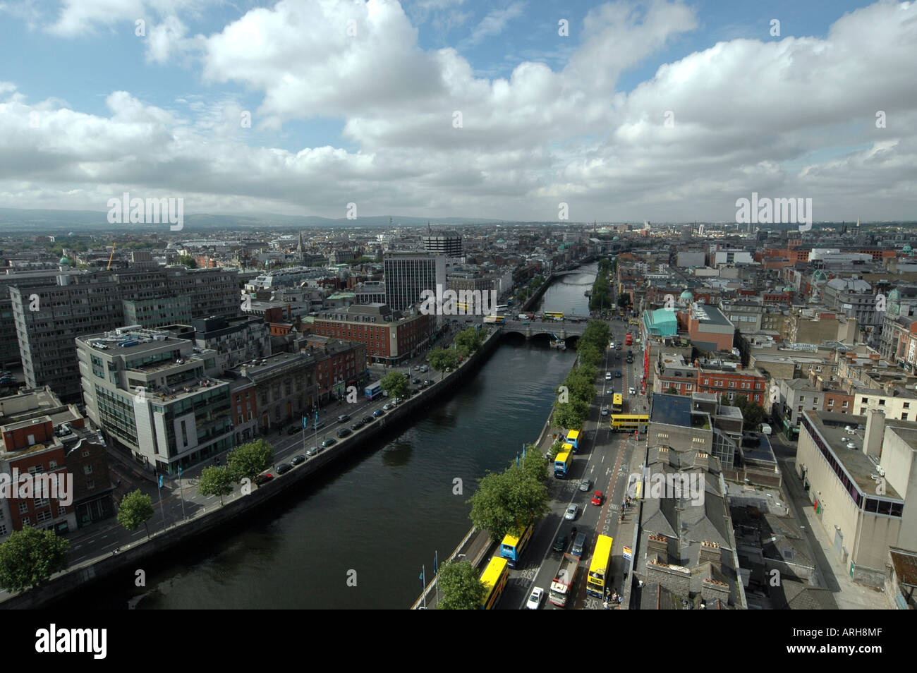 An overhead aerial view of the city of Dublin in Ireland showing Liffey ...