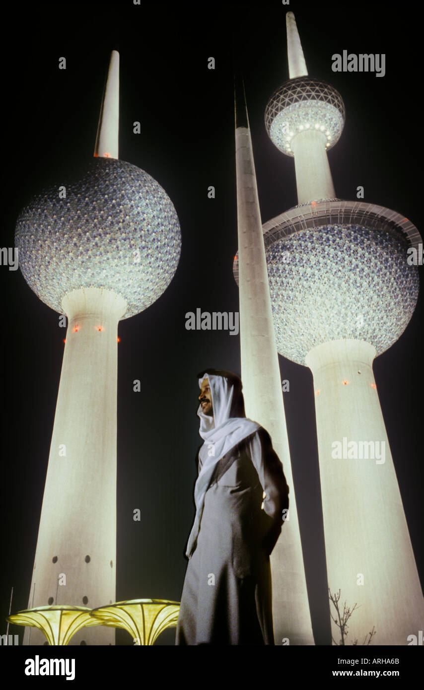 A Kuwaiti man in front of the water towers which are a landmark of ...