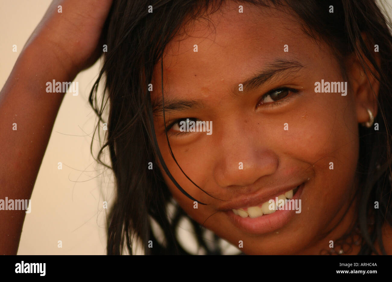 Close up of a young girl Moorea Tahiti French Polynesia South Pacific ...