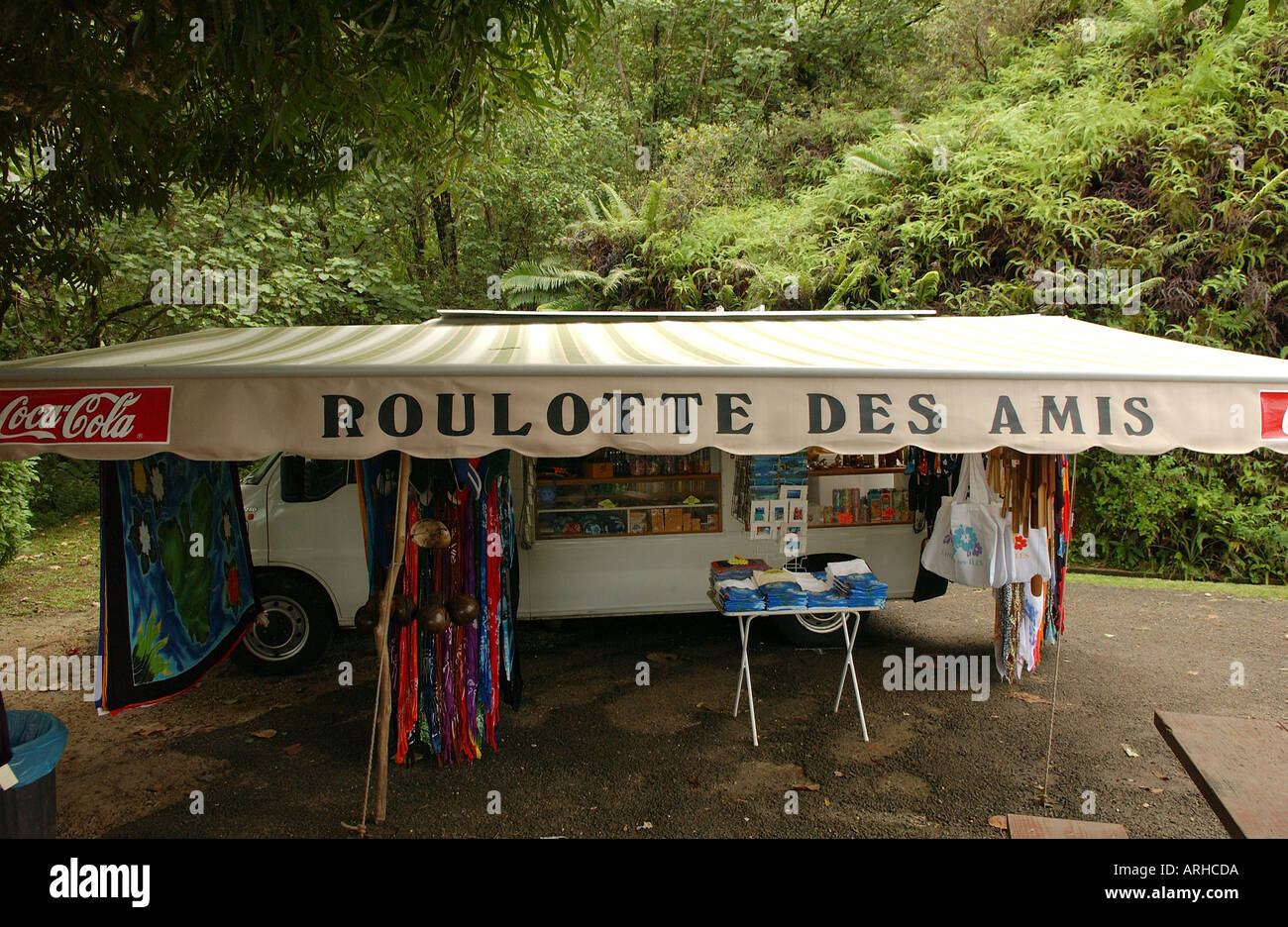 A fabric shop in a trailer truck Moorea Tahiti French Polynesia South ...