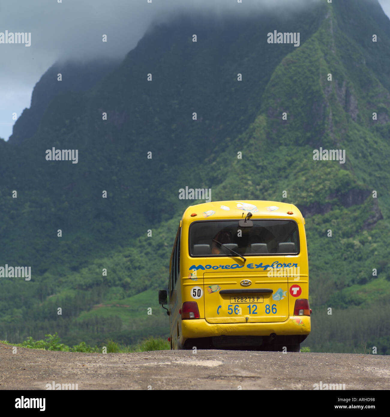 Yellow Tour Bus at Moorea in Tahiti Stock Photo - Alamy