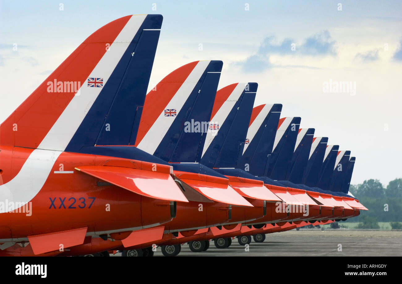 The Red Arrows RAF formation display team Hawk aircraft parked tails ...