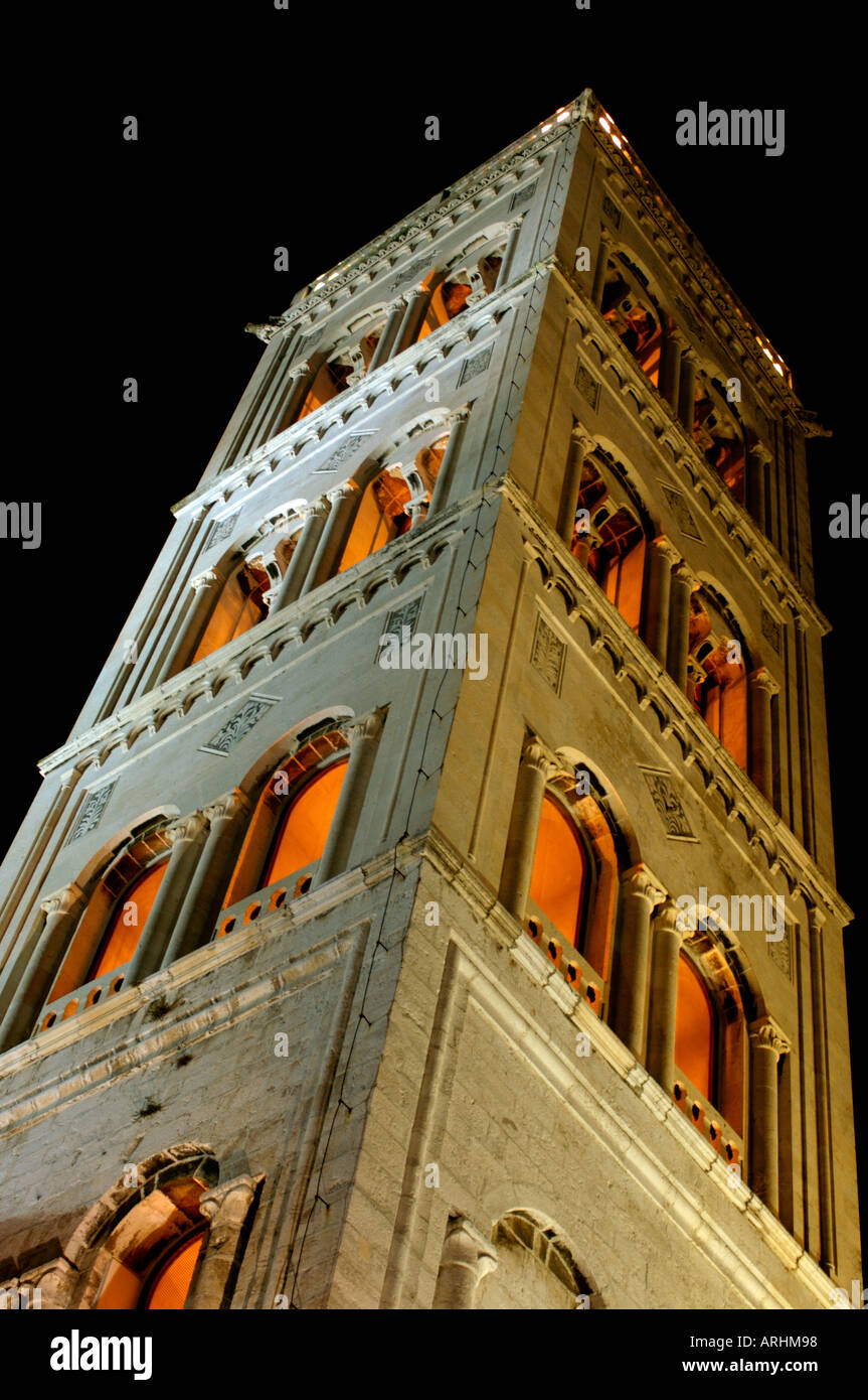 Illuminated Bell tower at night Stock Photo - Alamy