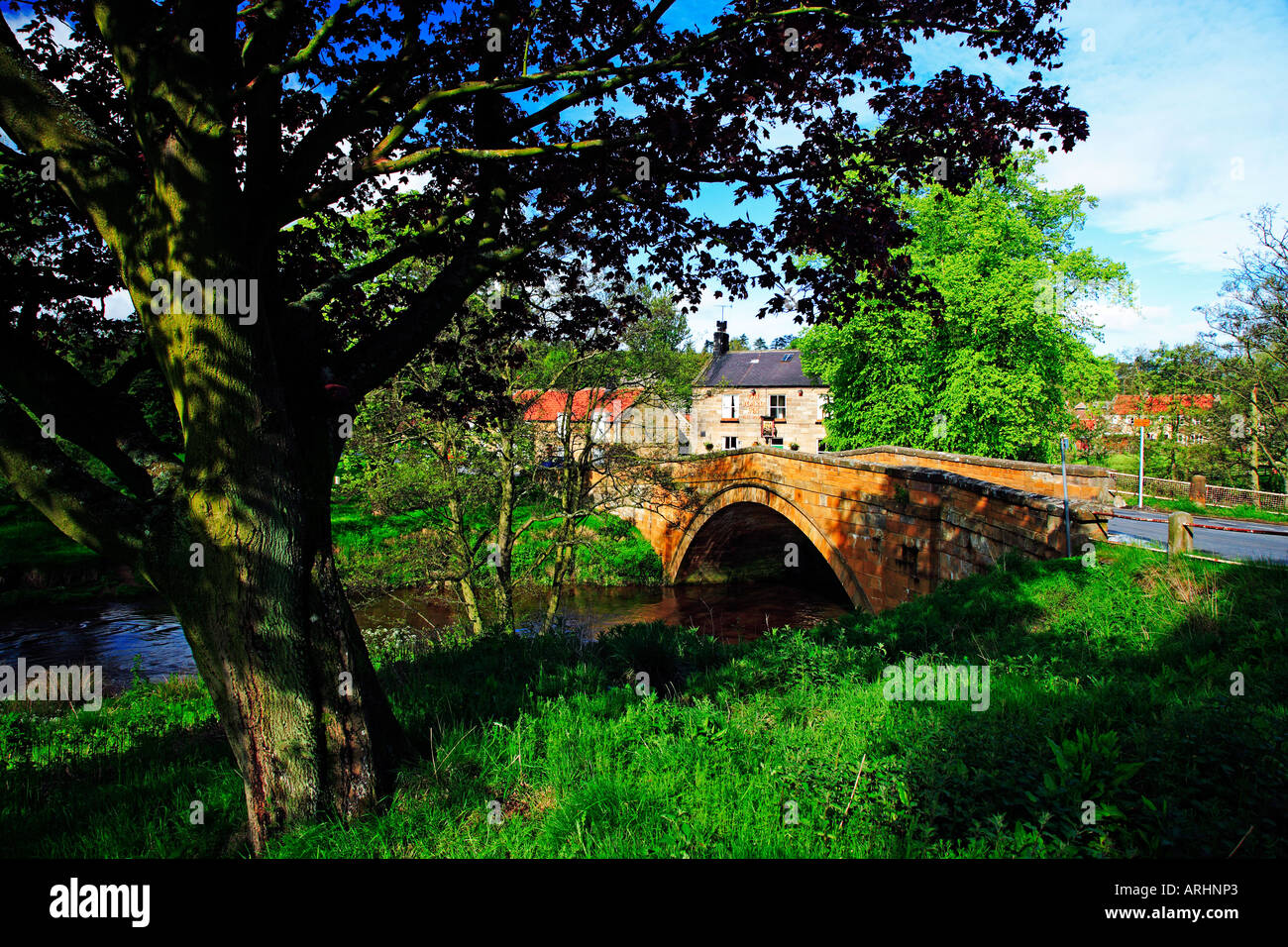 Lealholme Village and bridge over the river Esk with the Board Inn ...