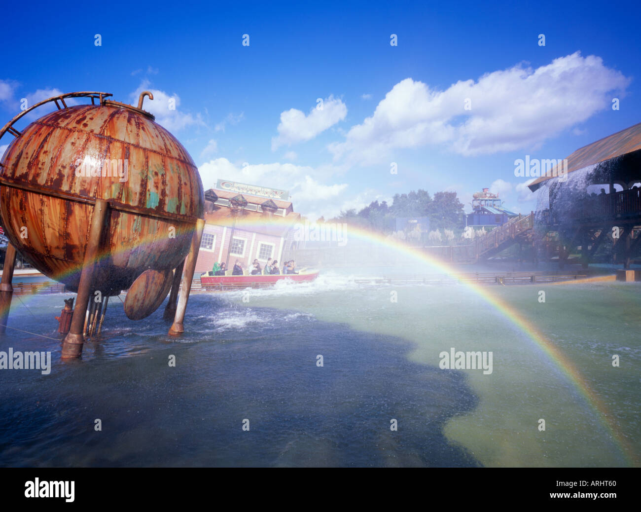 Rainbow caused by the spray from the Tidal Wave ride at Thorpe park ...