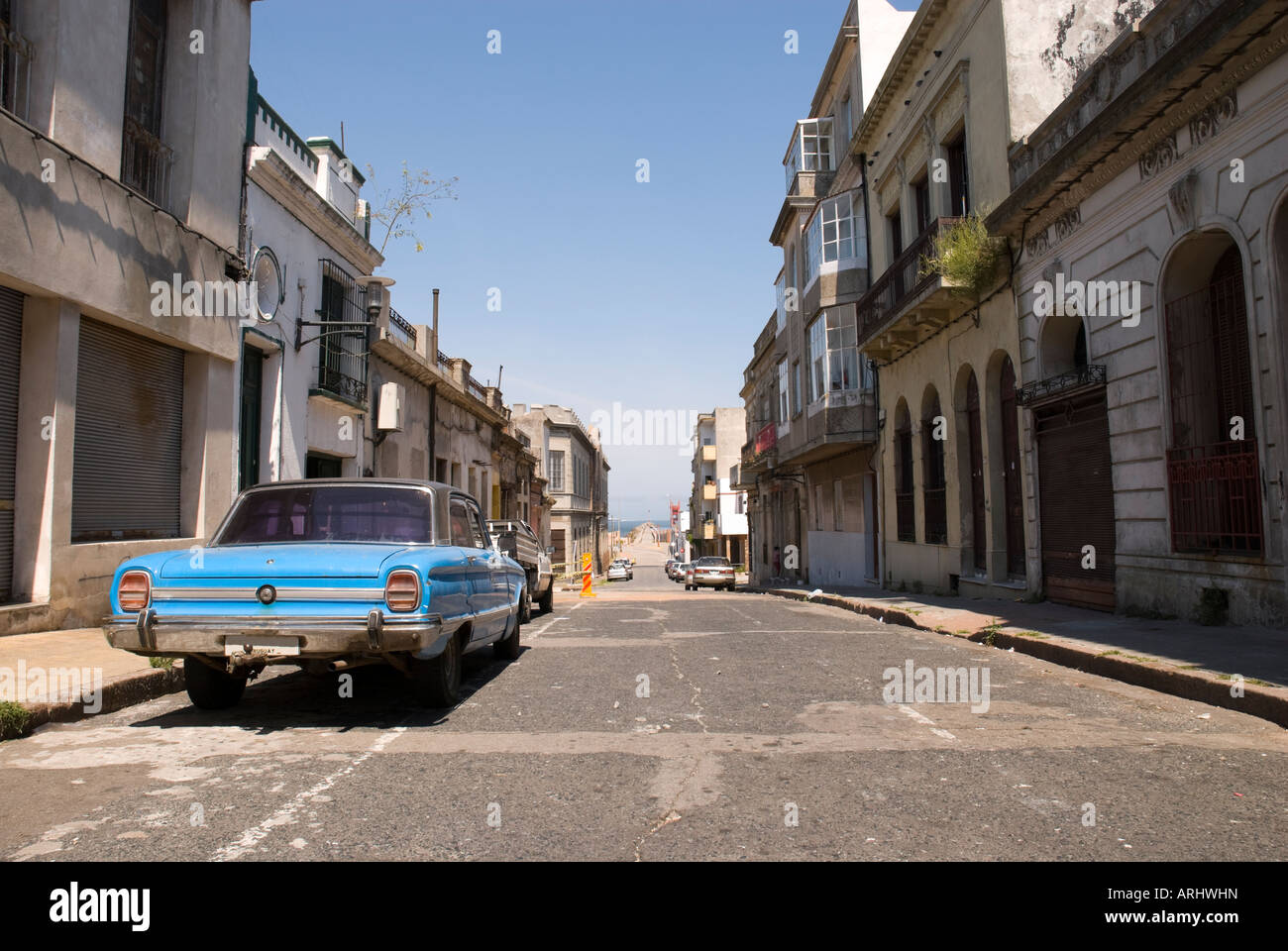 Detail shot of an old blue car in an old street in Montevideo Uruguay ...
