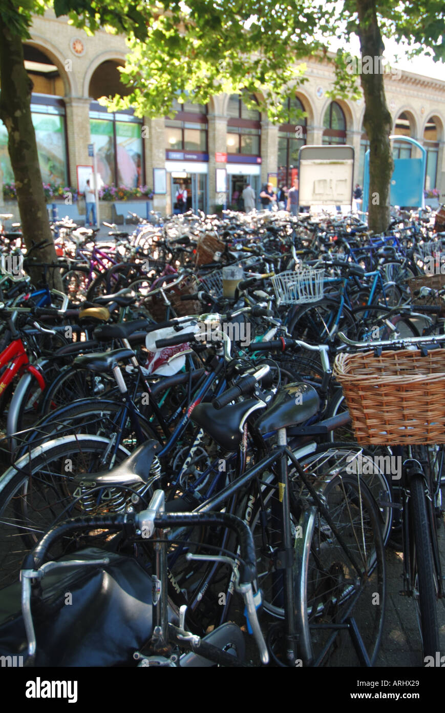 University town congested cycle parking area outside Cambridge railway ...