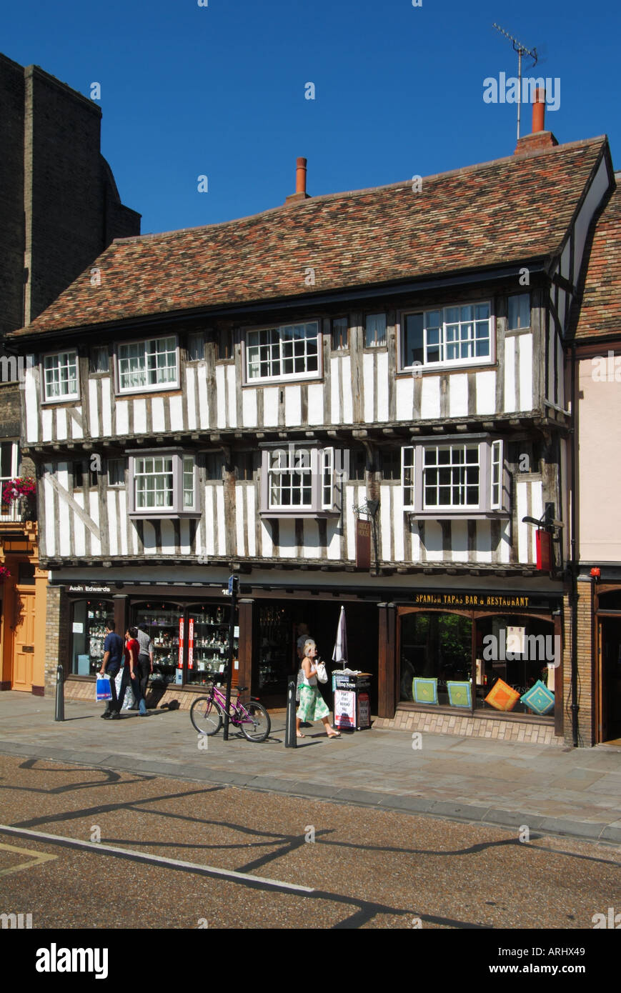 Cambridge university town shops and Half timbered black and white ...
