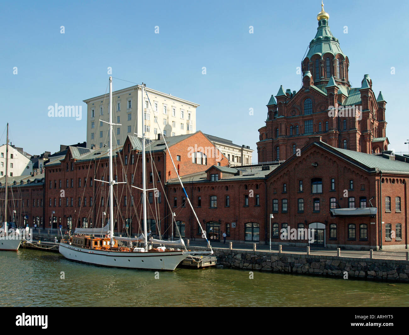 old ships boats at the northern port of Helsinki in background the ...