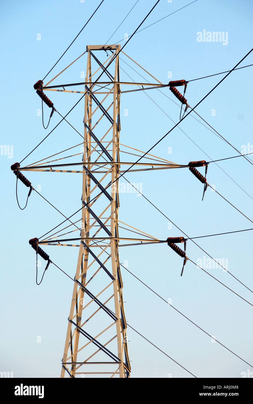 Electric power line showing insulators on a poll Stock Photo - Alamy