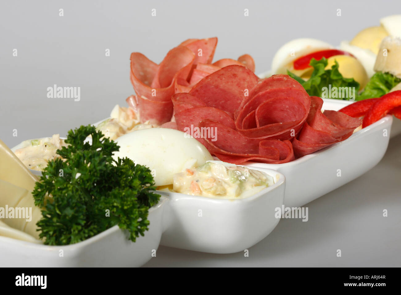 Closeup of appetizers of various meal on a plate on the table nobody ...