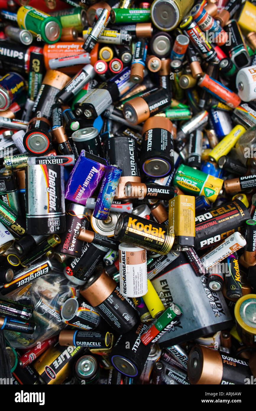 Used disposable batteries for recycling at a recycling centre, UK Stock ...