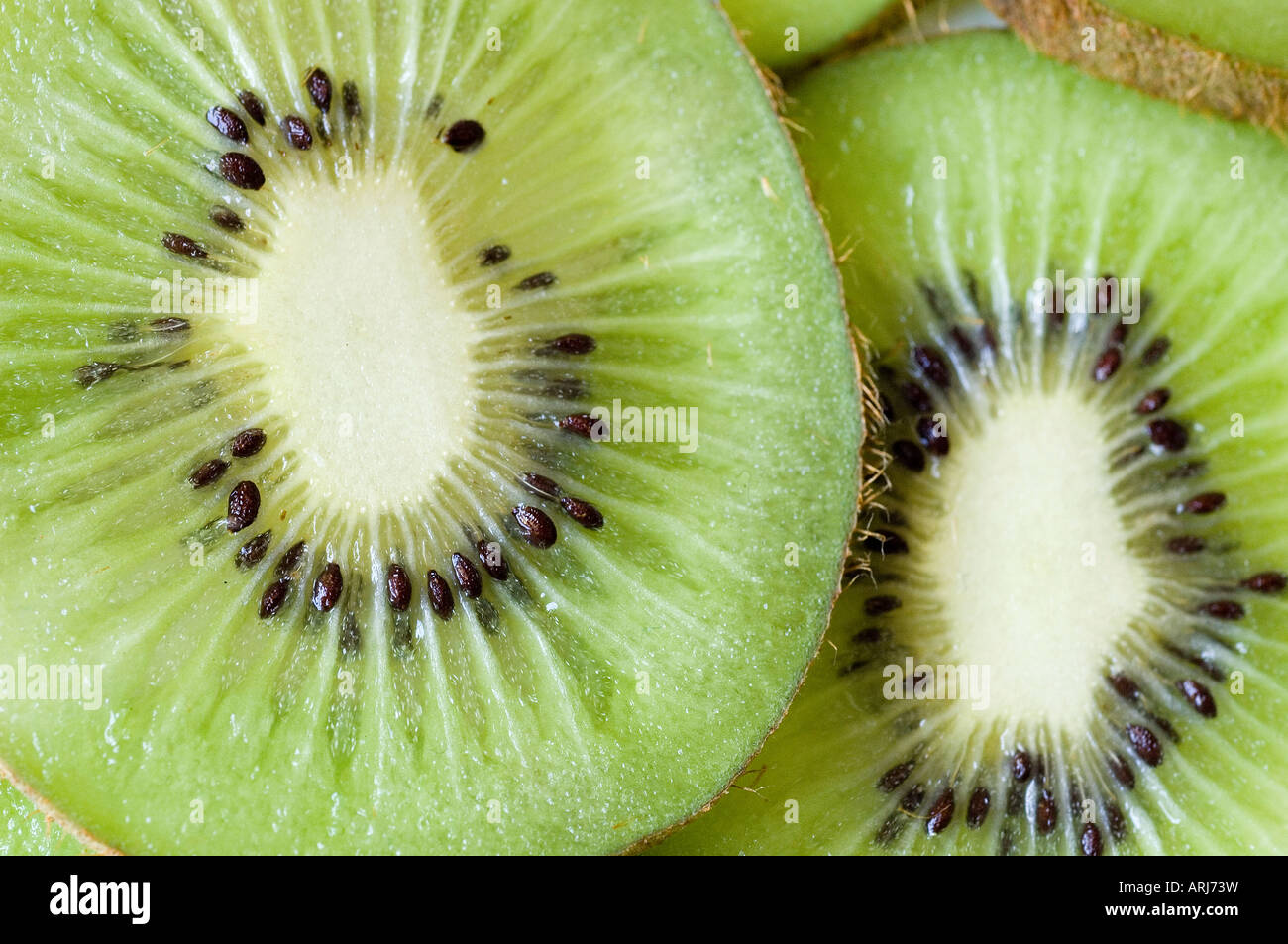 A Fresh organic Kiwi Fruit Slices showing the pips & structure Stock ...