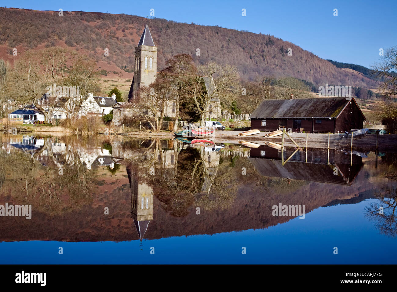 A mirror like reflection on the Lake of Menteith at Port of Menteith ...