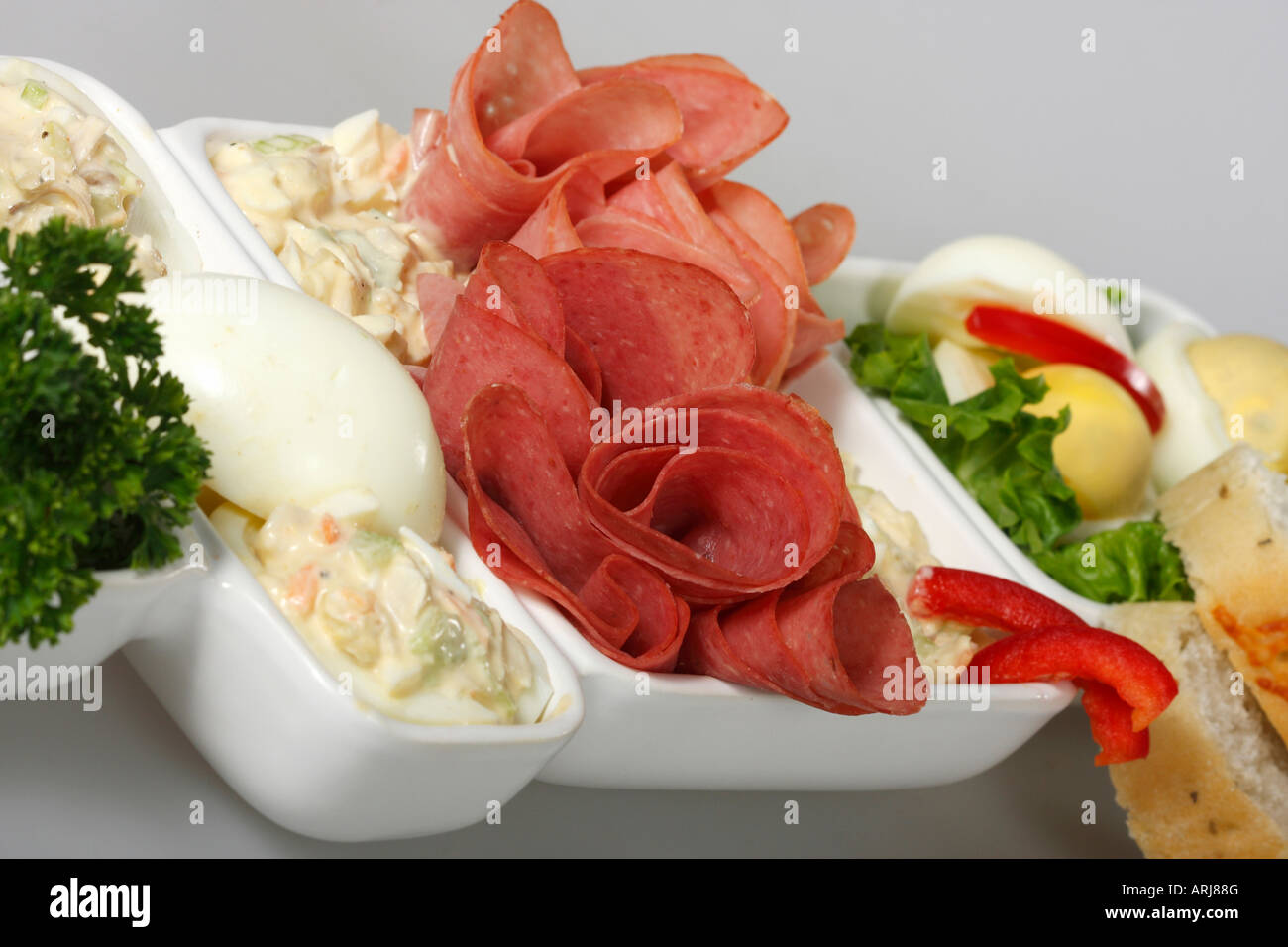 Close up of appetizers of various meal on a platter nobody from above ...