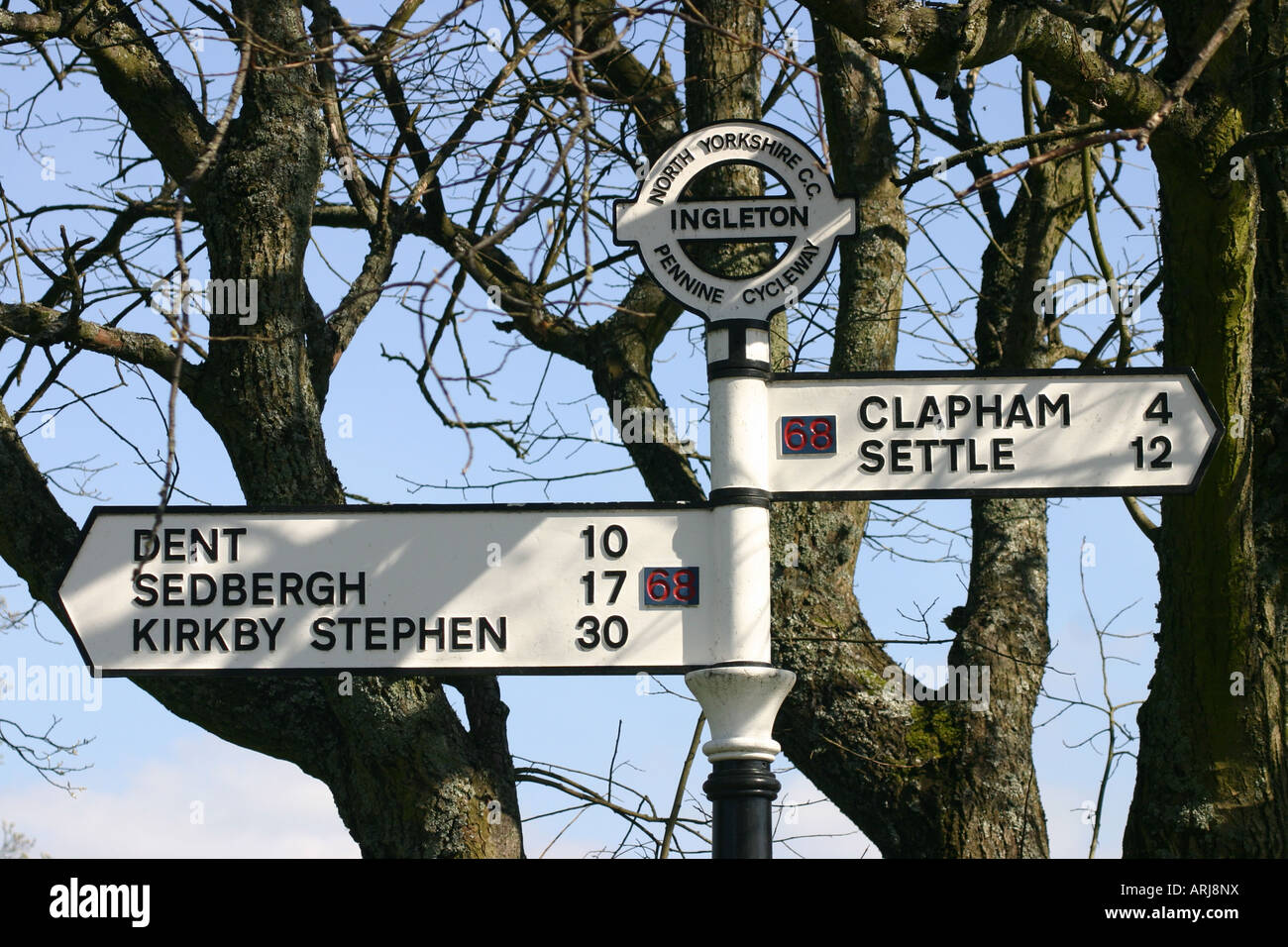 country road sign direction pointing white pole Stock Photo - Alamy