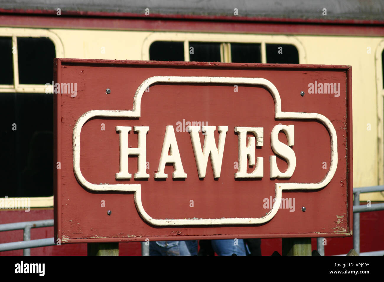 old original red white sign railway station hawes Stock Photo - Alamy
