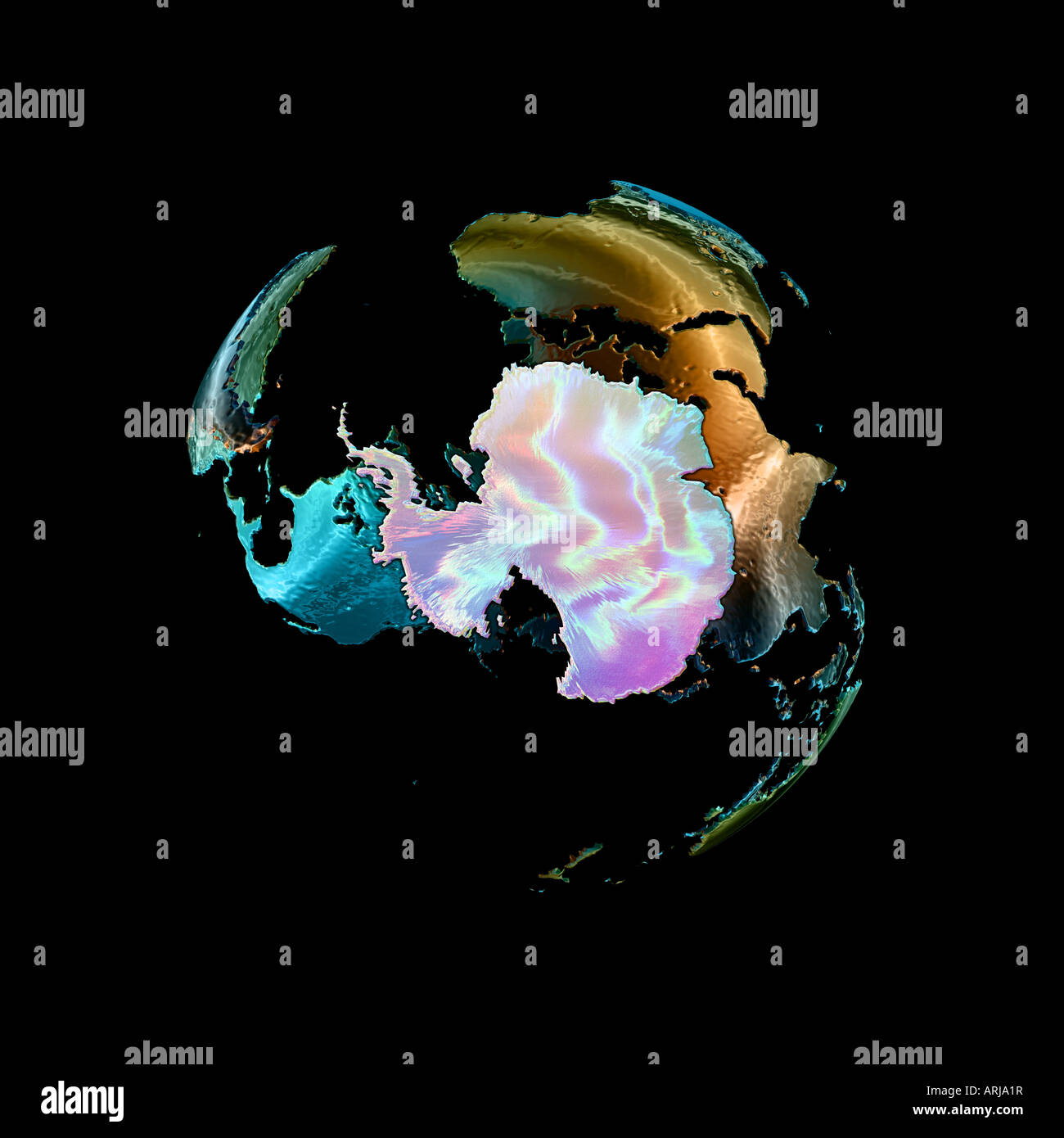 The continents as seen from above Antarctica, distributed around an ...