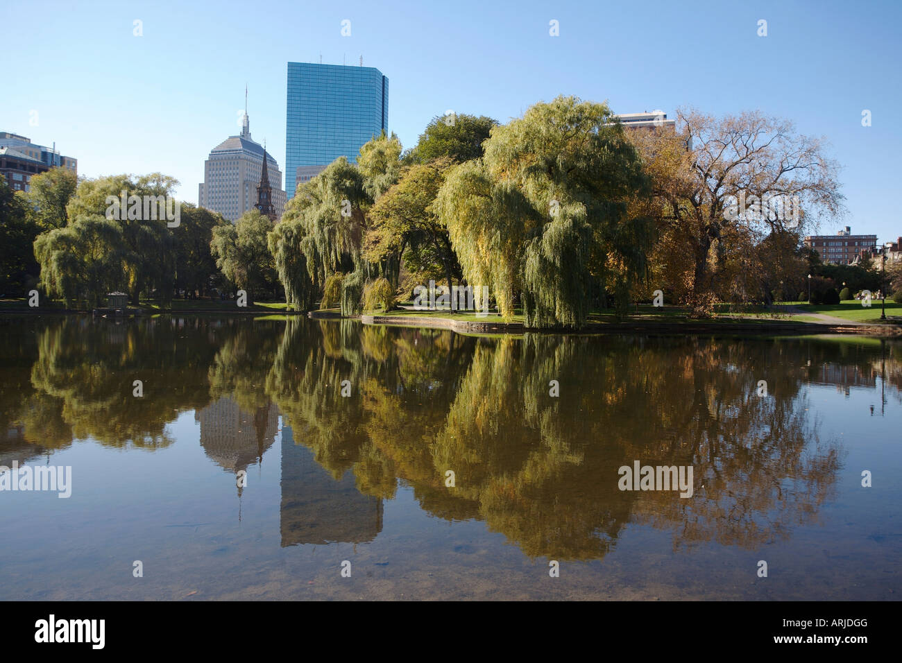 View of trees and lake. Boston public garden, Boston, Massachusetts ...
