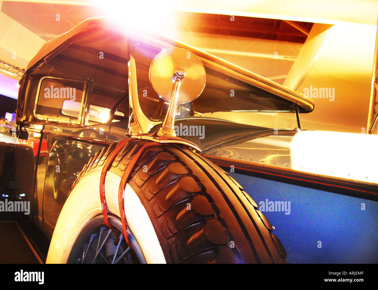 Side view of vintage automobile at classic car show with prominent ...