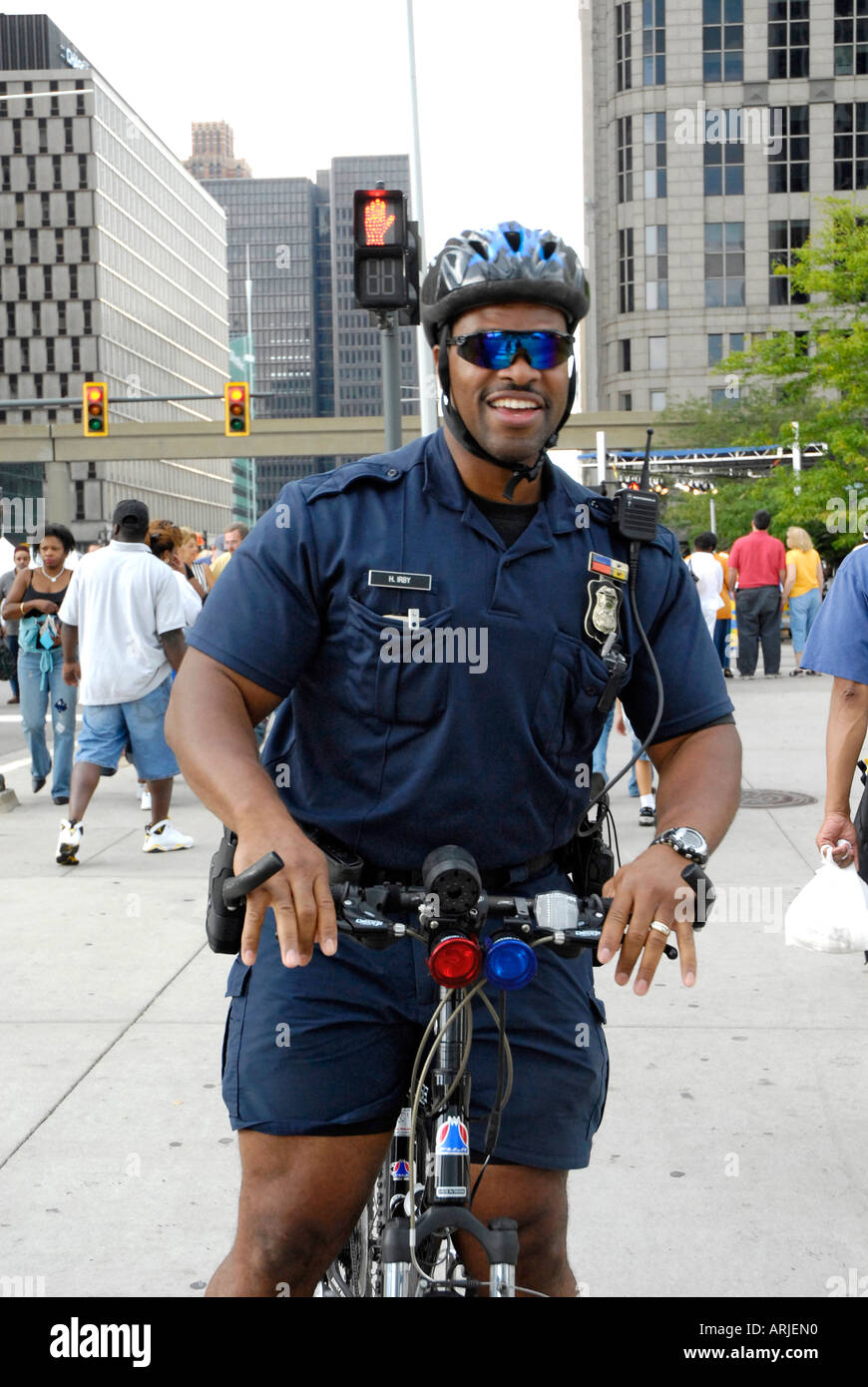 Detroit Michigan MI Police office patrols downtown on a bicycle Stock ...