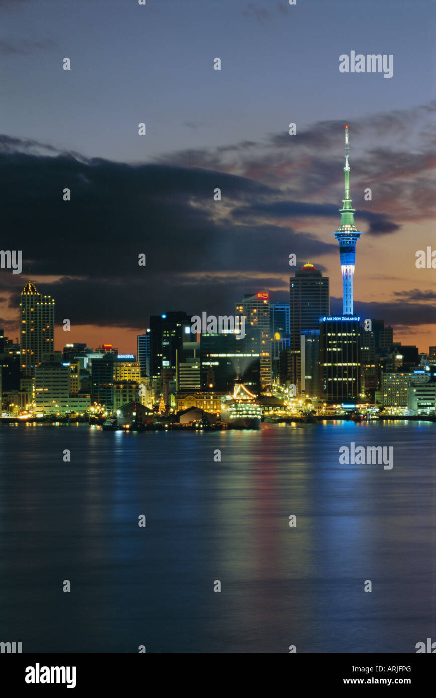 Evening view of city skyline across harbour, Auckland, Central Auckland ...