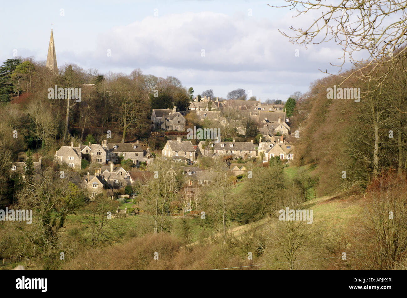 View of Bisley Village Gloucestershire from across the valley Stock ...