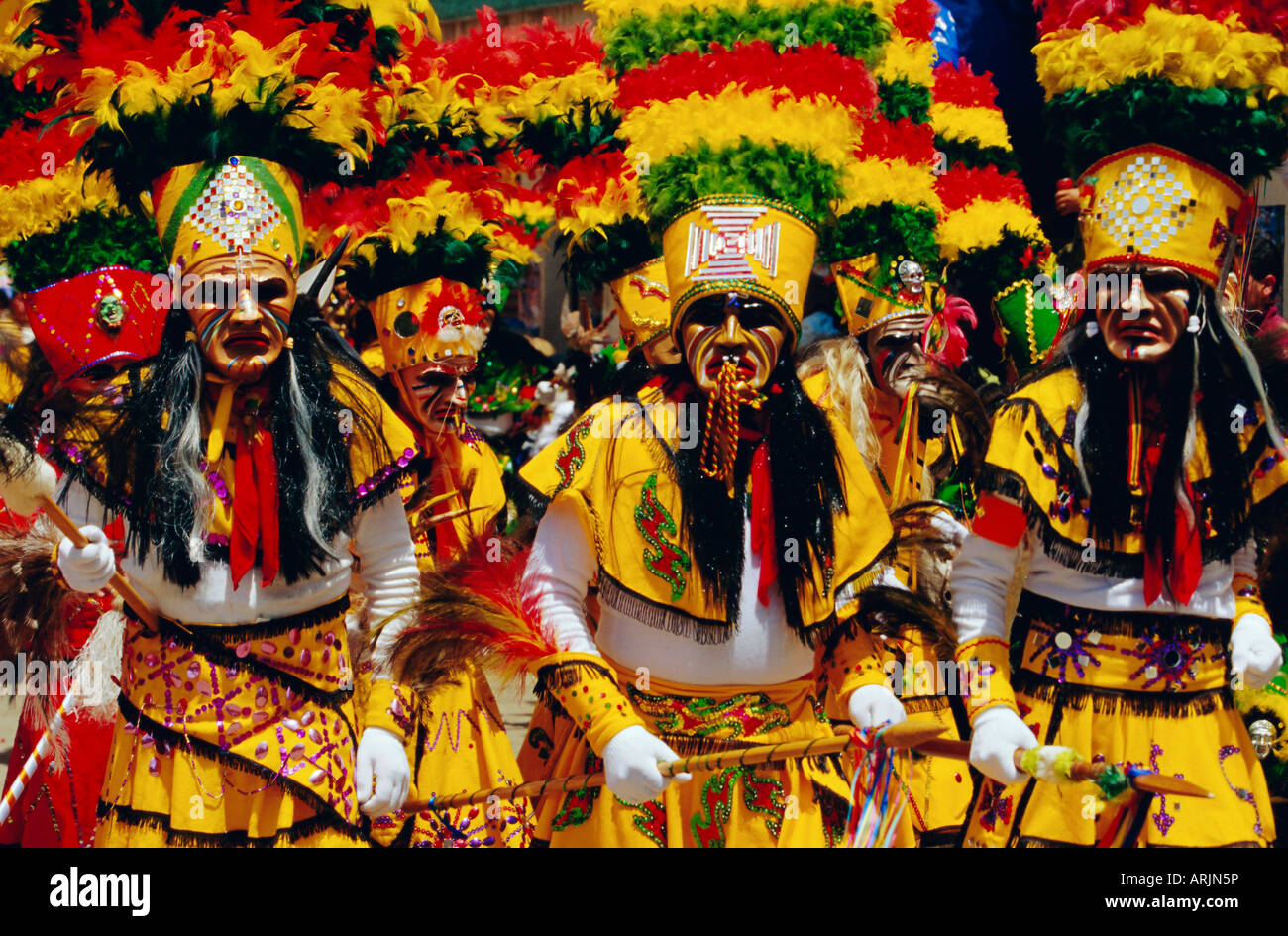 A group of Tobas performing the Devil Dance - La Diablada, during the ...