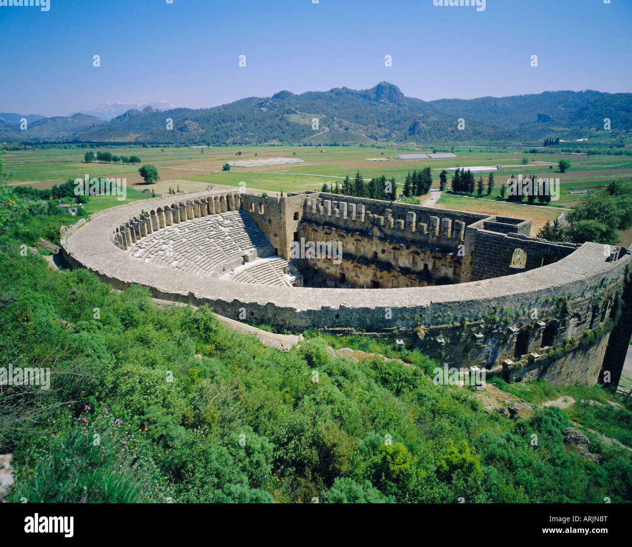 View of Roman Amphitheatre of Aspendos, ancient ruins, Aspendos, Turkey ...