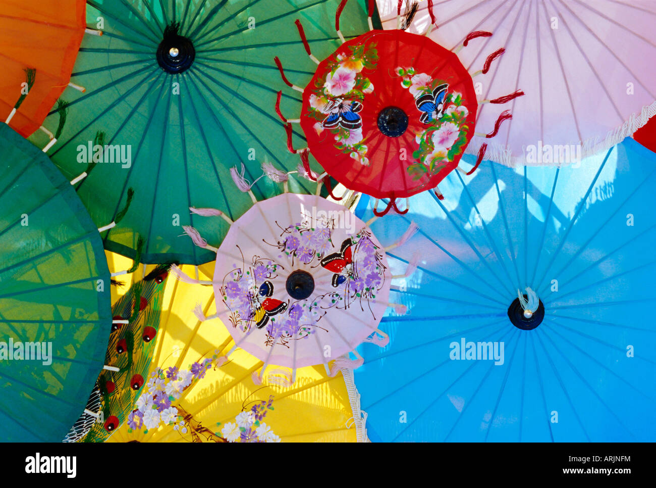 Colourful hand-painted umbrellas, Northern Thailand traditional ...