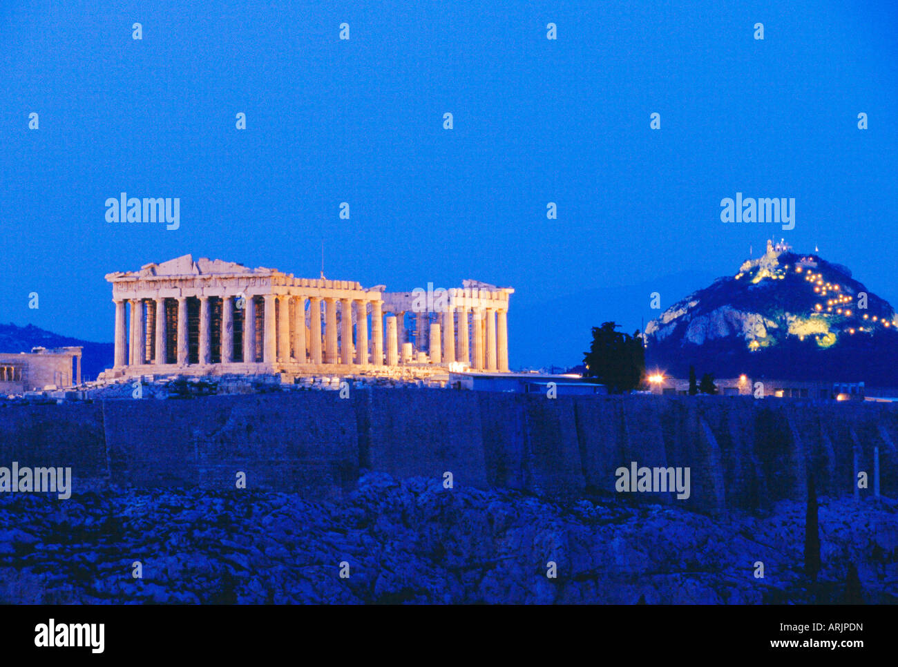 The Acropolis illuminated by floodlight, Athens, Greece Stock Photo - Alamy