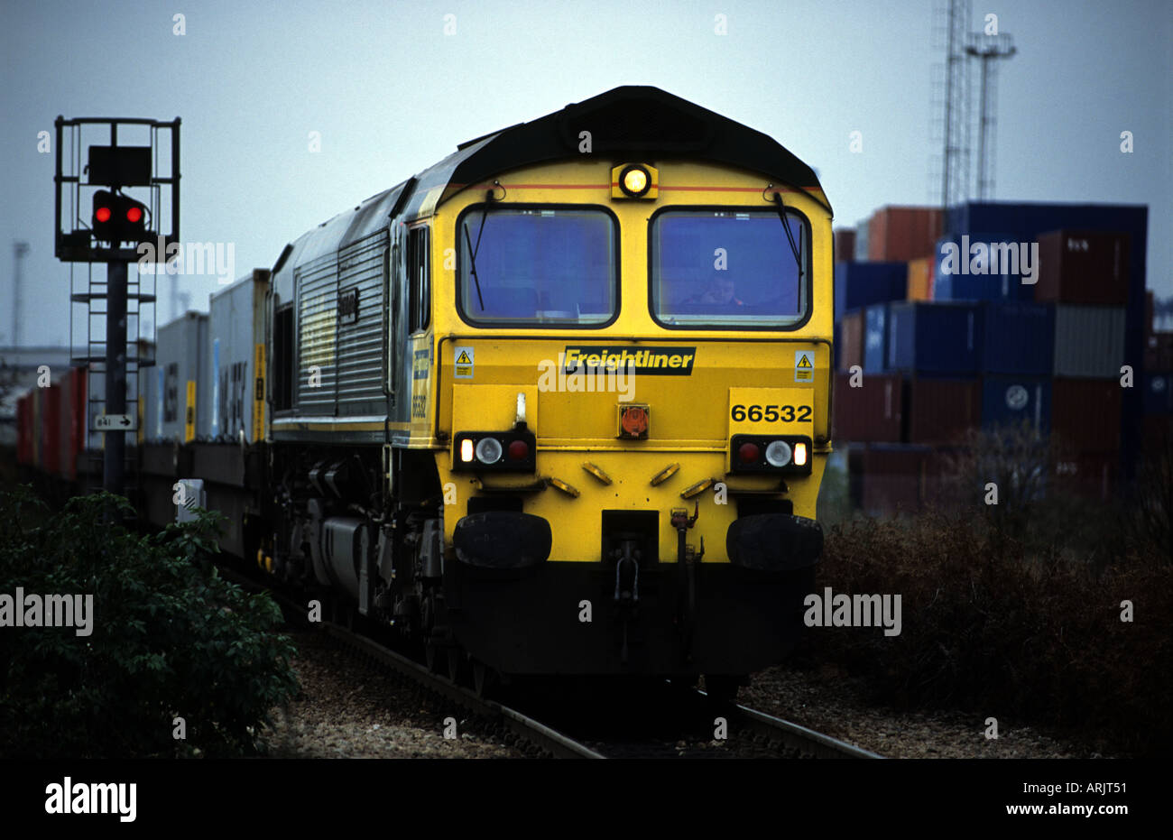 Freightliner container train leaving the Port of Felixstowe in Suffolk ...