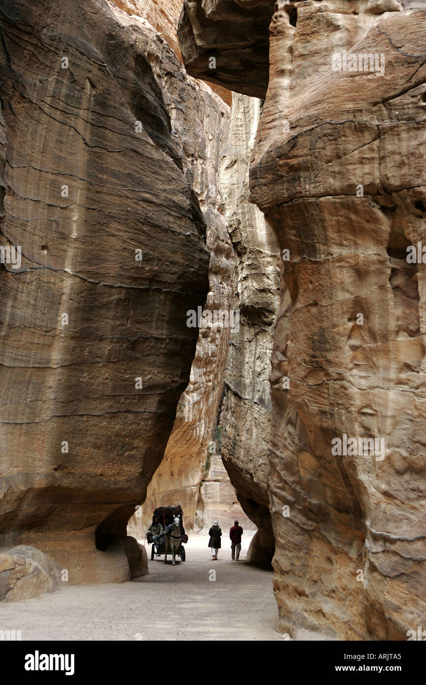 The Siq, a 1,2 Kilometer long gorge, 100 Meters high rock walls, main ...