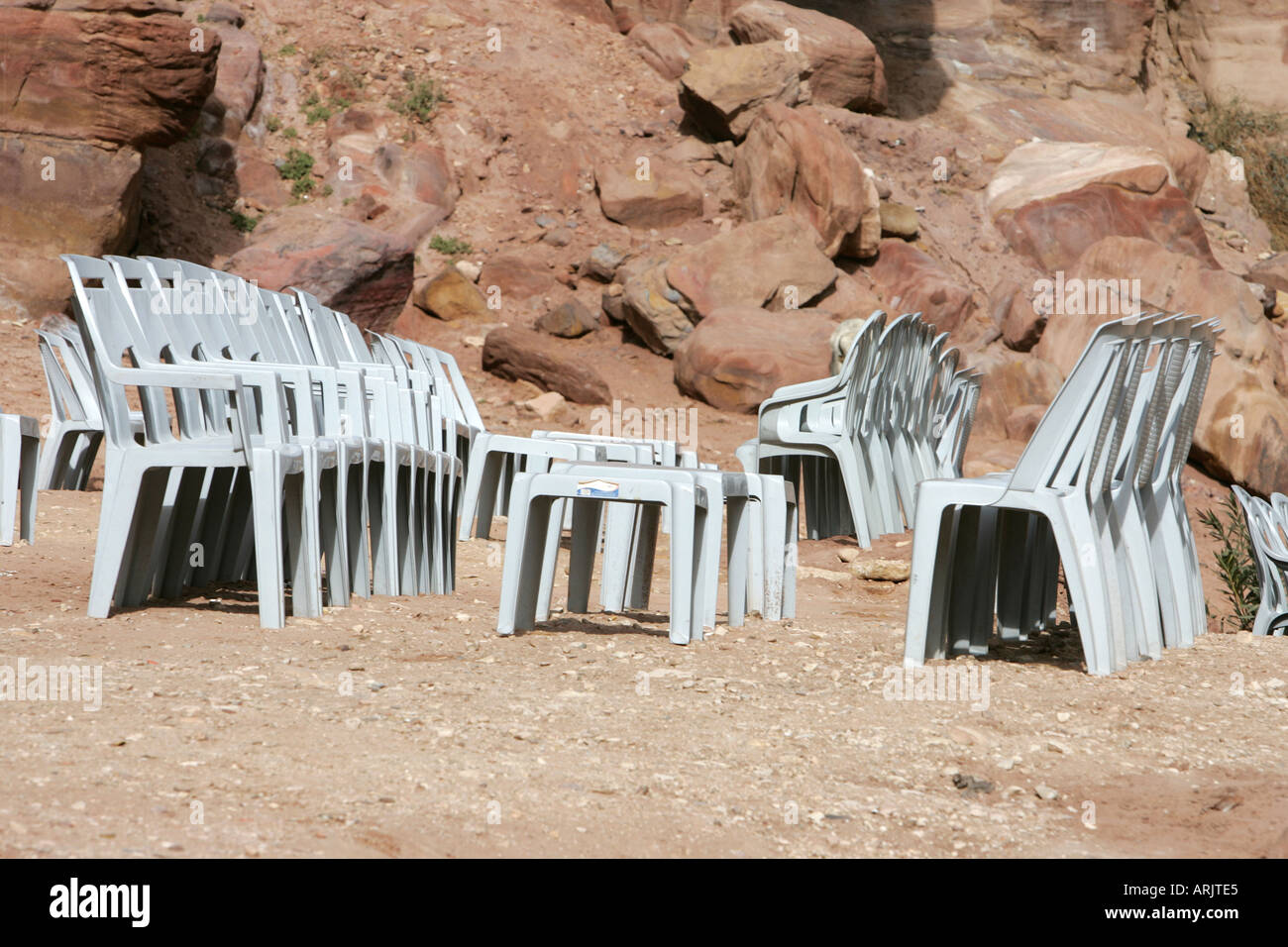 JOR, Jordan, Petra: Plastic chairs at a cafe, Nabatean ancient city of ...