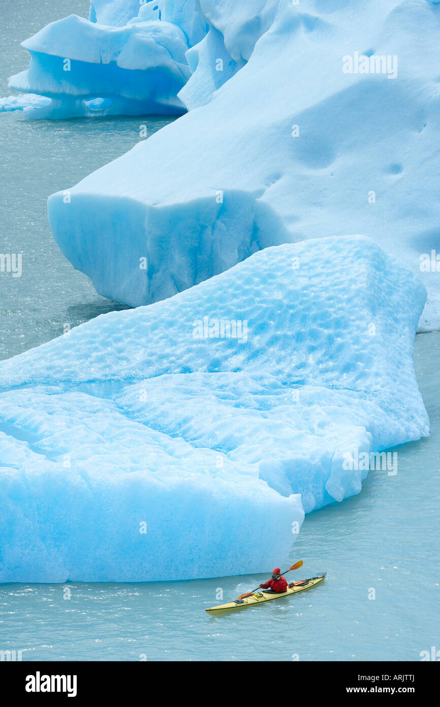 Person kayaking between icebergs, Lago Gray (Lake Gray) (Lake Grey ...