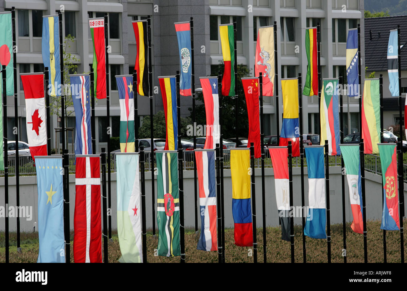 DEU, Germany : Flagpoles with flags of most the the states of the earth ...
