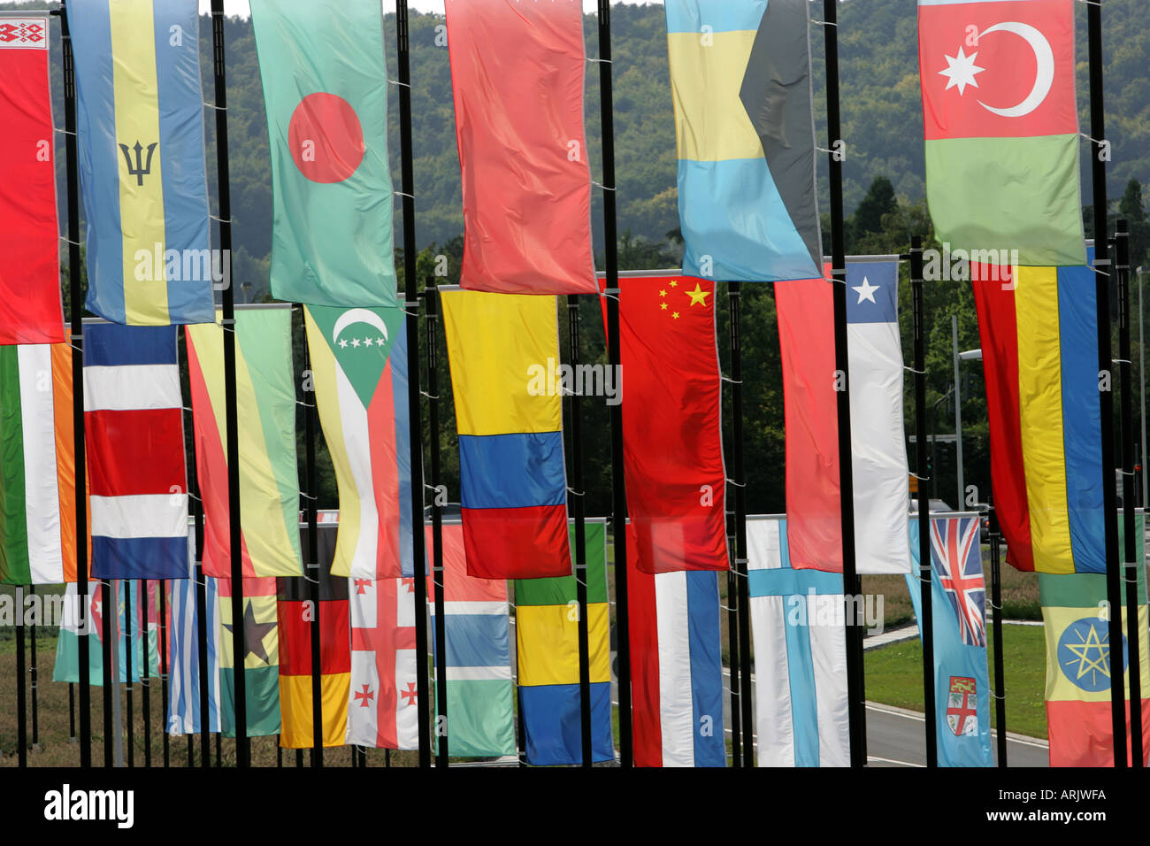 DEU, Germany : Flagpoles with flags of most the the states of the earth ...
