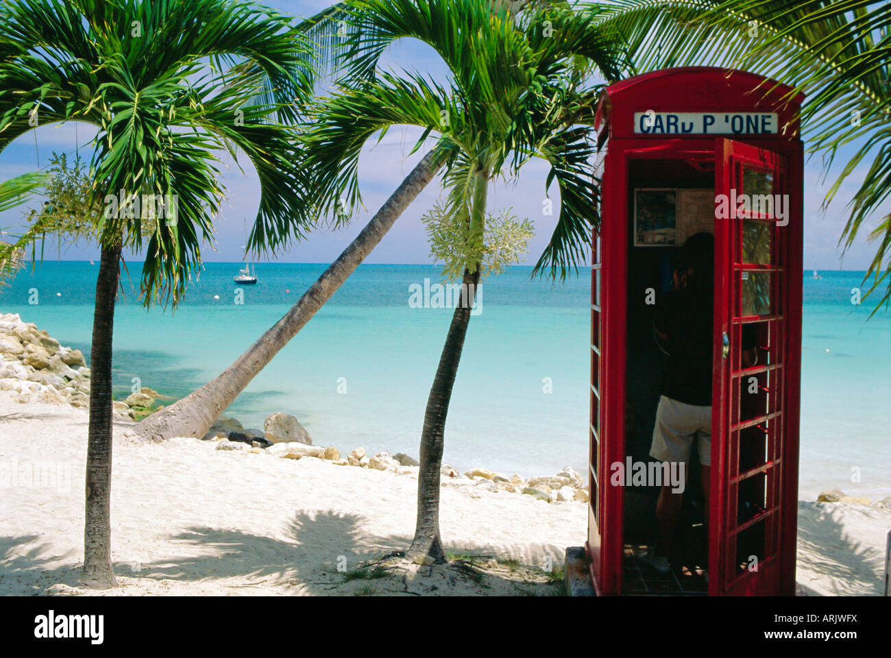 English telephone box on the beach, Dickenson's Bay, North-East coast ...
