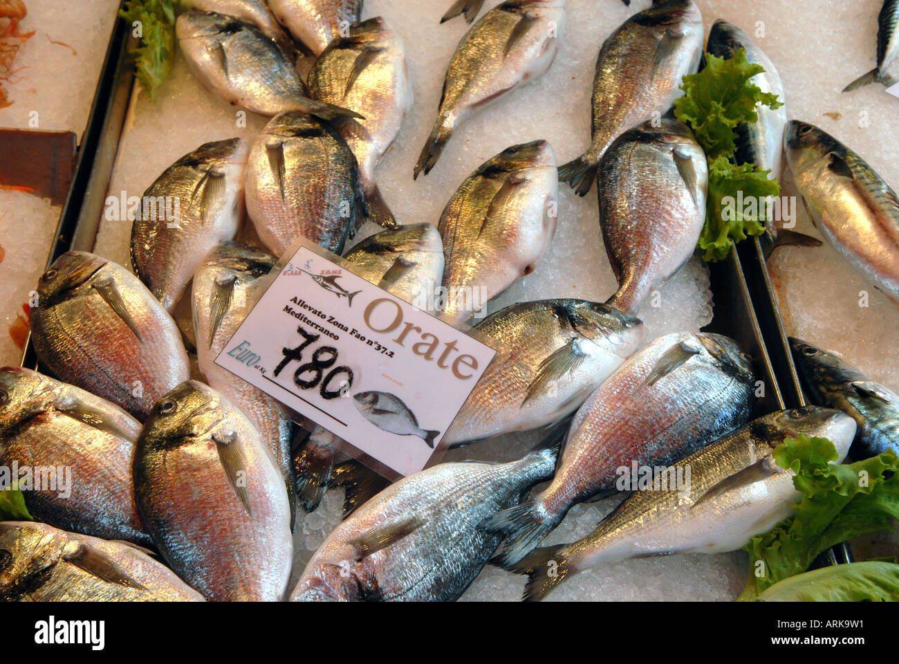 Fish on market slab Rialto Bridge Stock Photo - Alamy