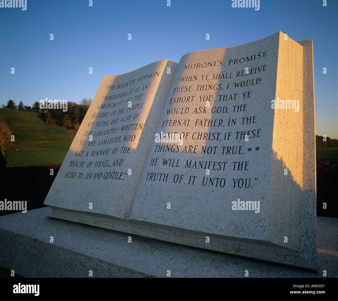 Large Stone representation of The Book of Mormon at the foot of Hill ...