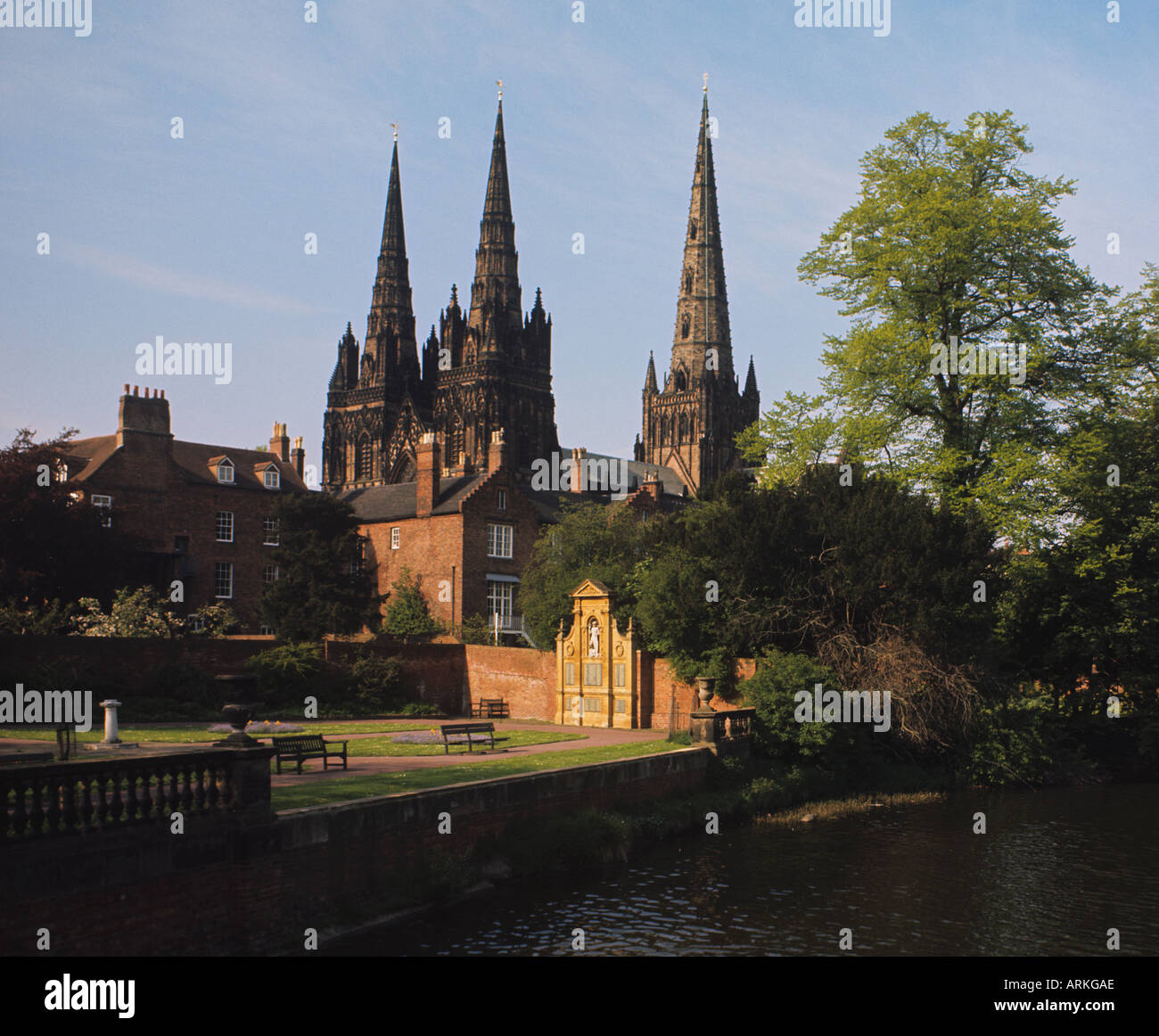 Lichfield Cathedral from Minster Pool with memorial garden in ...