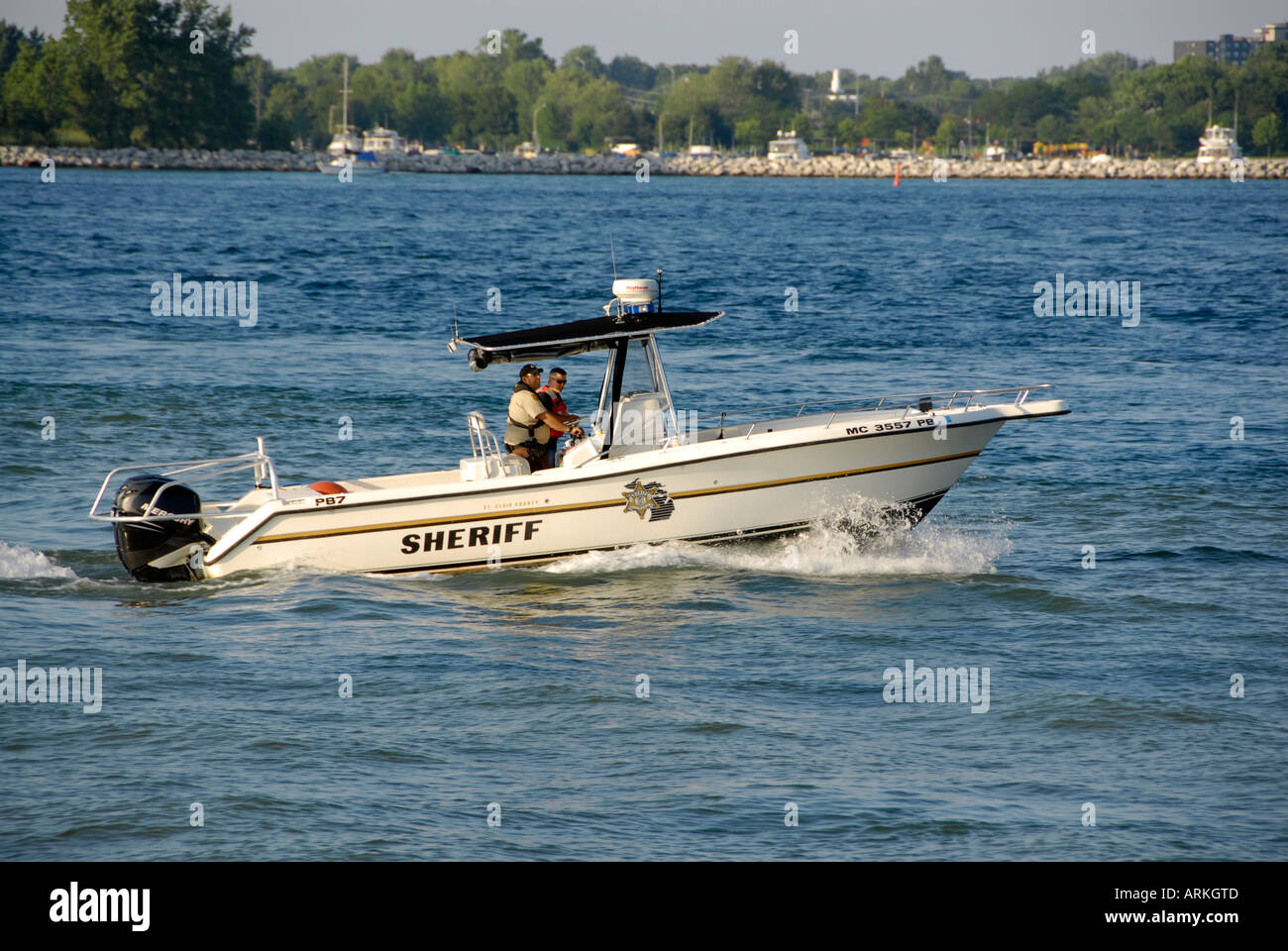 Police and Fire rescue boats patrol the Detroit River Michigan Stock ...