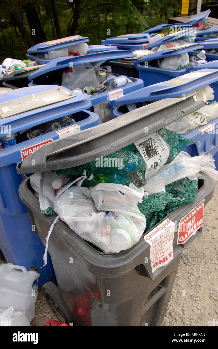 Separate trash containers set up campground recycl hi-res stock ...