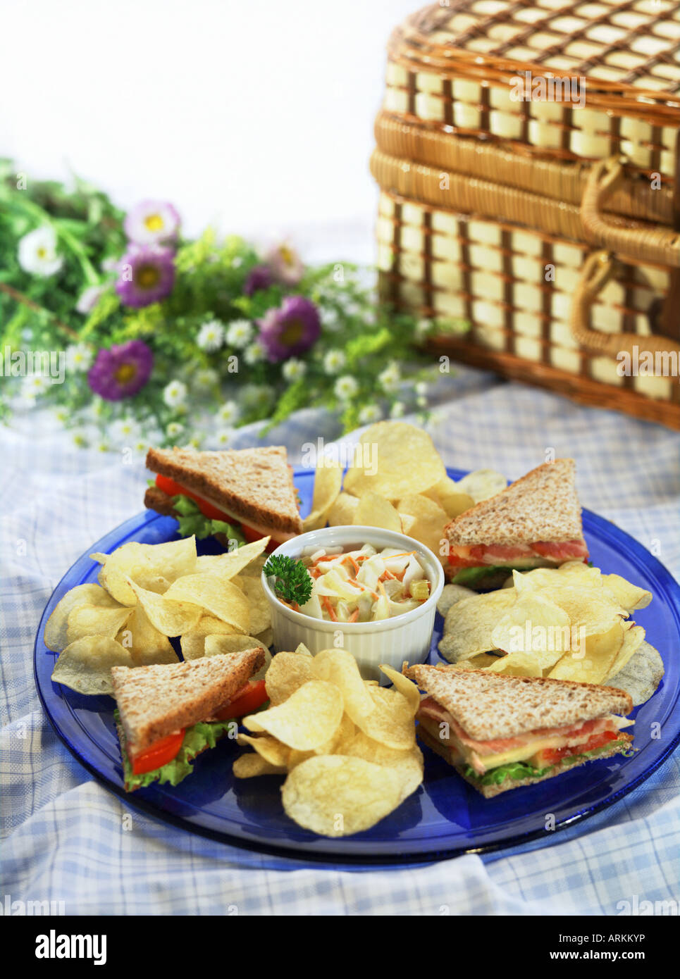 picnic : plate with club sandwich, crisps and coleslaw Stock Photo - Alamy