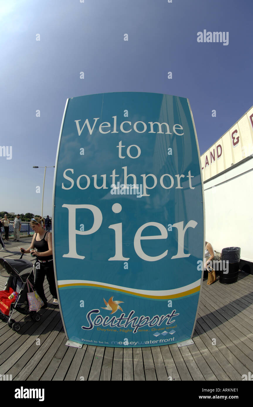 welcome to southport pier, sign, blue, sky Stock Photo - Alamy