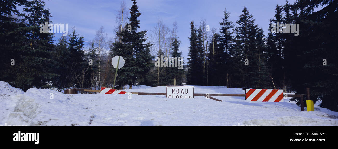 Road closed sign and deep snow, Alaska, USA, North America Stock Photo ...