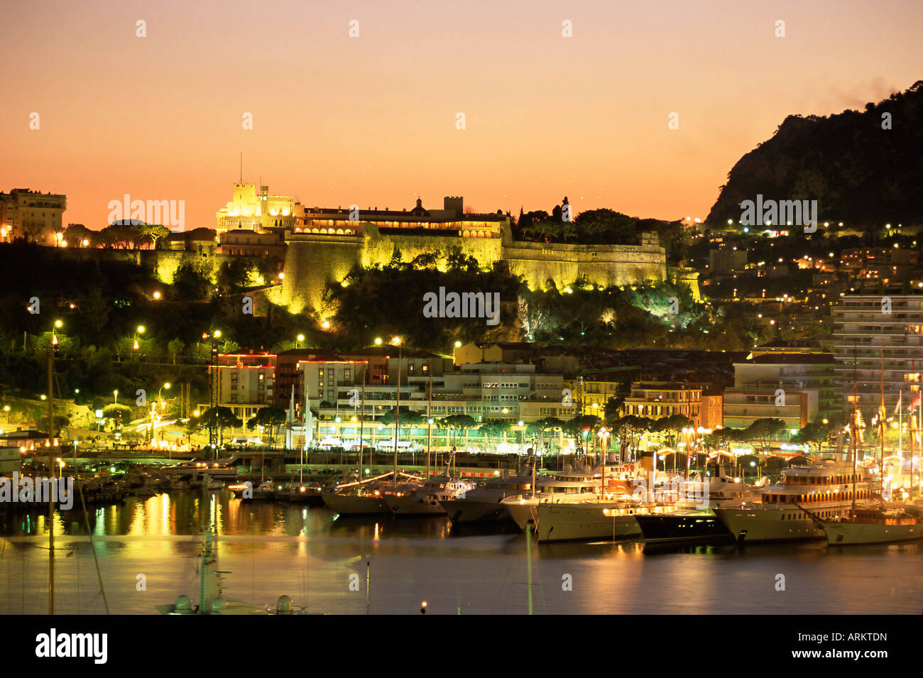 The harbour and Prince's Palace at sunset, Monte Carlo, Monaco, Cote d ...