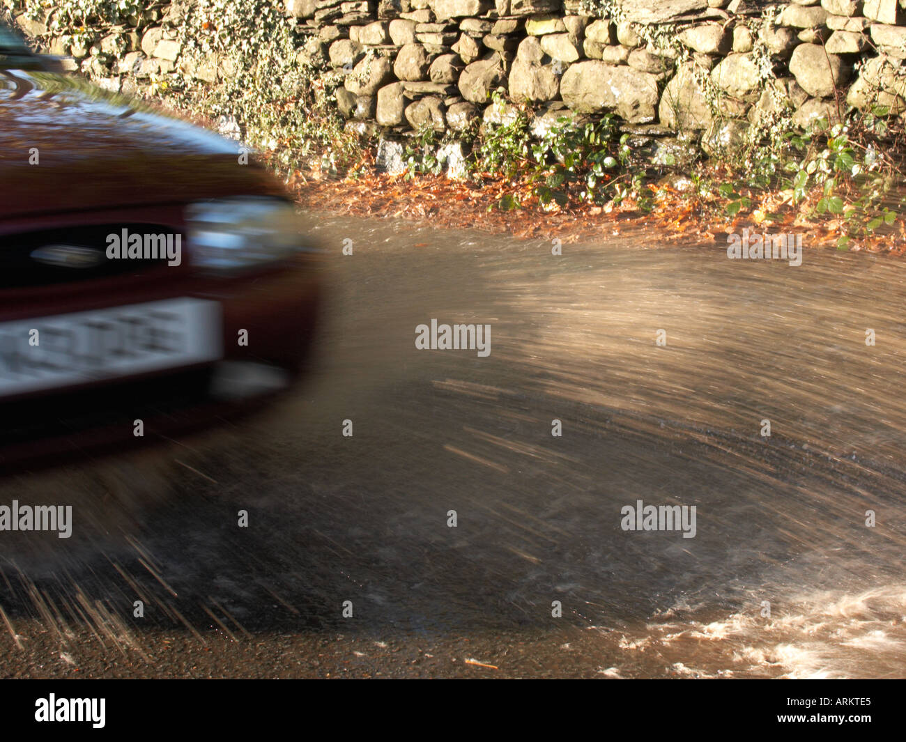 Car splashing through puddle near pavement Stock Photo - Alamy