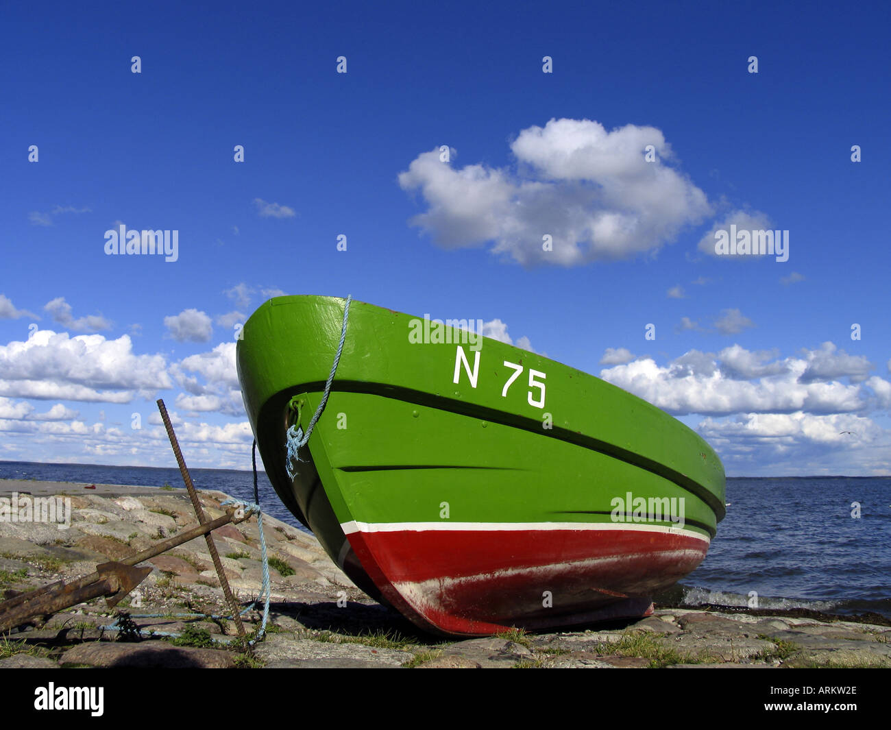 Colorful green fishing boat, Nida Neringa, The Curonian Spit National ...